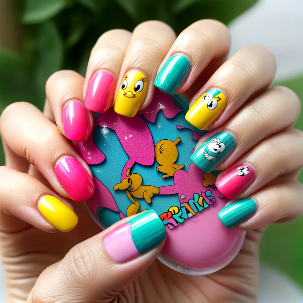 Unhas decoradas com personagens de desenhos animados
